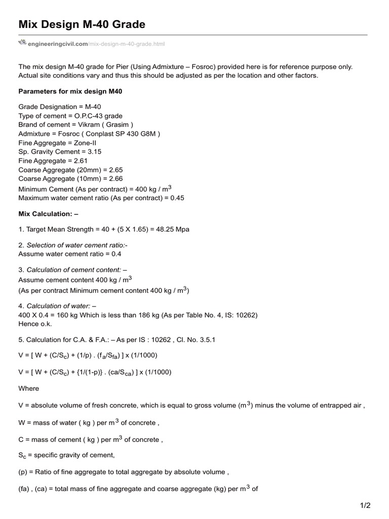 Parameters For Mix Design M40 | PDF