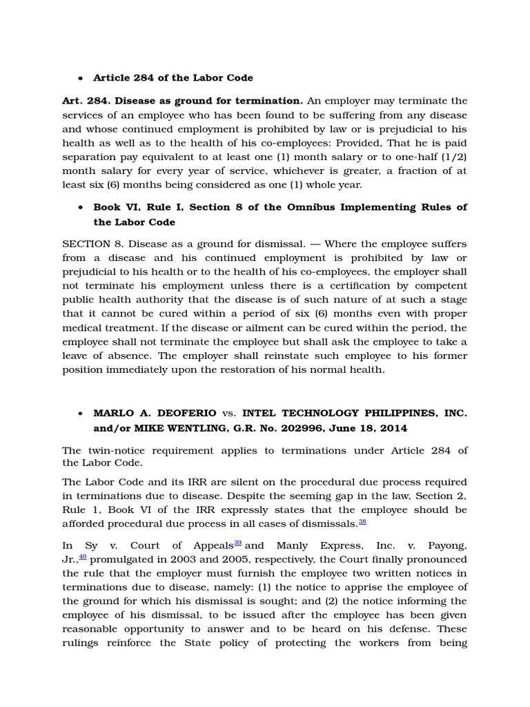 Labor Code Article - Dismissal due to Disease | Employment | Labour Law