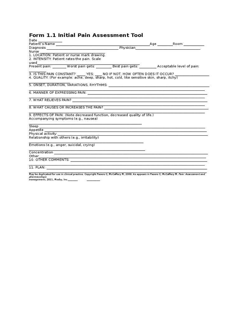 Form 1.1 Initial Pain Assessment Tool: Pharmacologic Management, 2011 ...