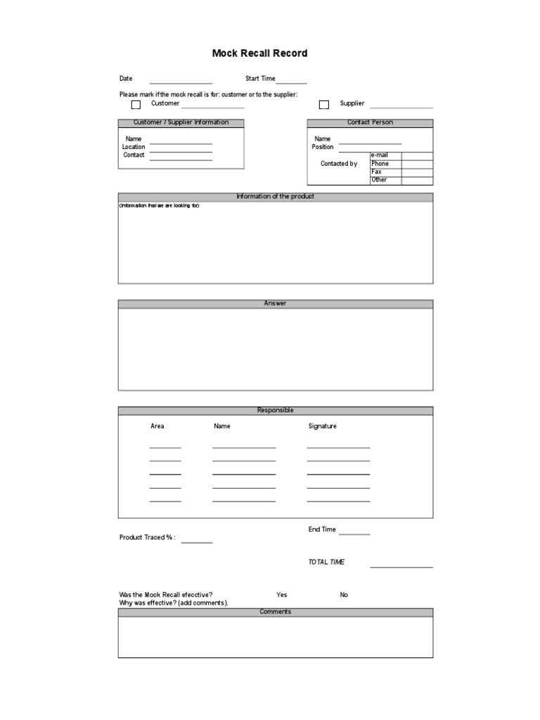 Mock Recall Record Template | PDF | Career & Growth