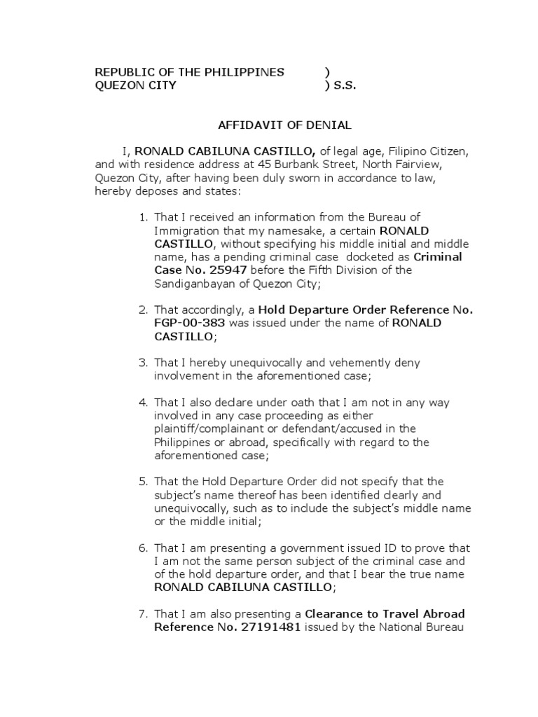 Affidavit of Denial