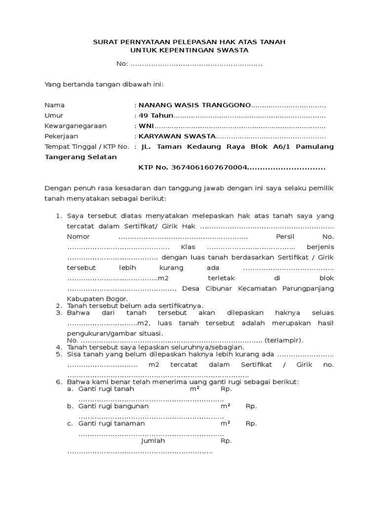 Surat Pernyataan Pelepasan Hak Atas Tanah (SPH) | PDF