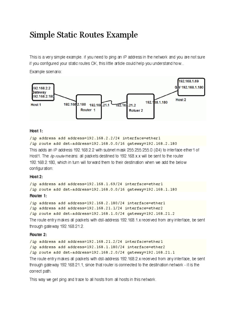 Simple Static Routes Example: Host 1 | PDF
