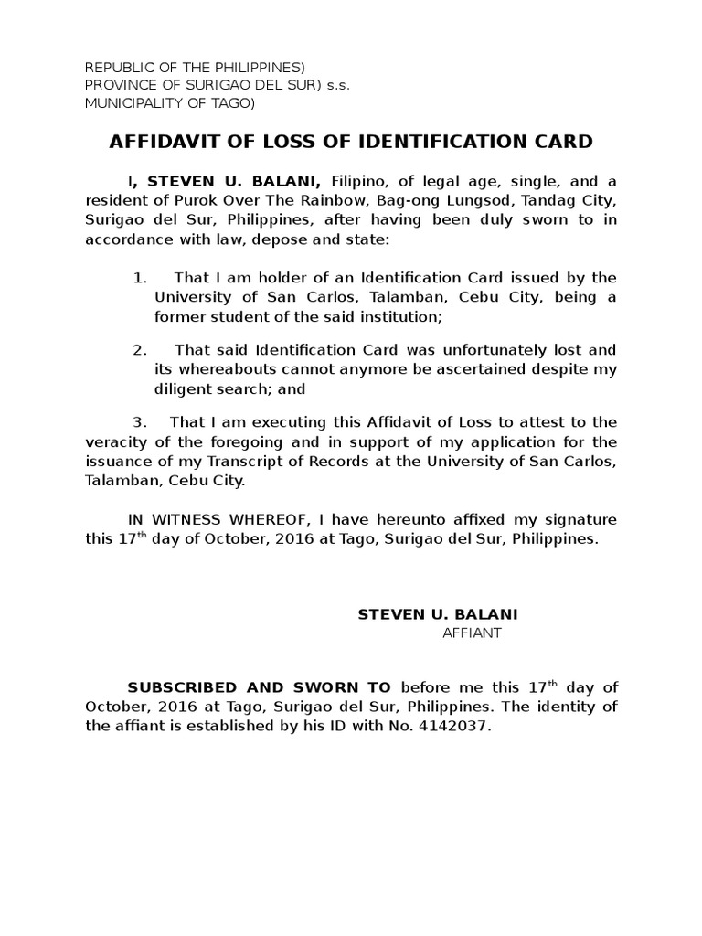 Affidavit of Loss - Student Id | PDF