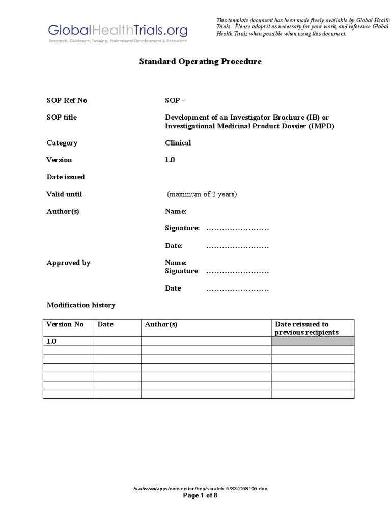 SOP For Development of An Investigator Brochure or IMP Dossier | PDF ...