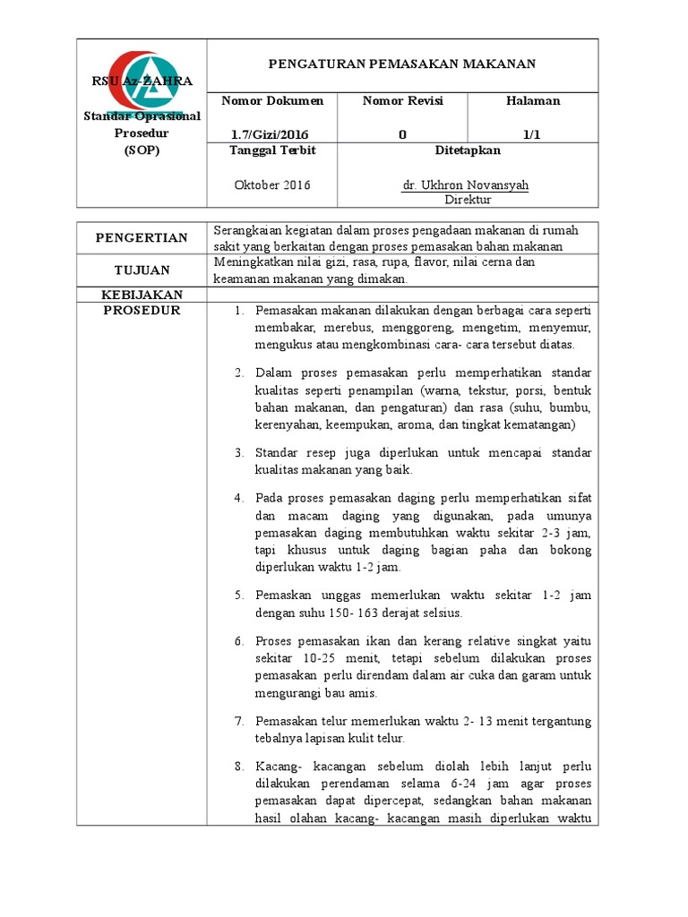 Sop Pengaturan Pemasakan | PDF