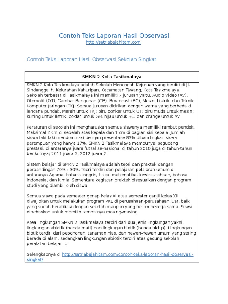 Contoh Teks Laporan Hasil Observasi Singkat | PDF