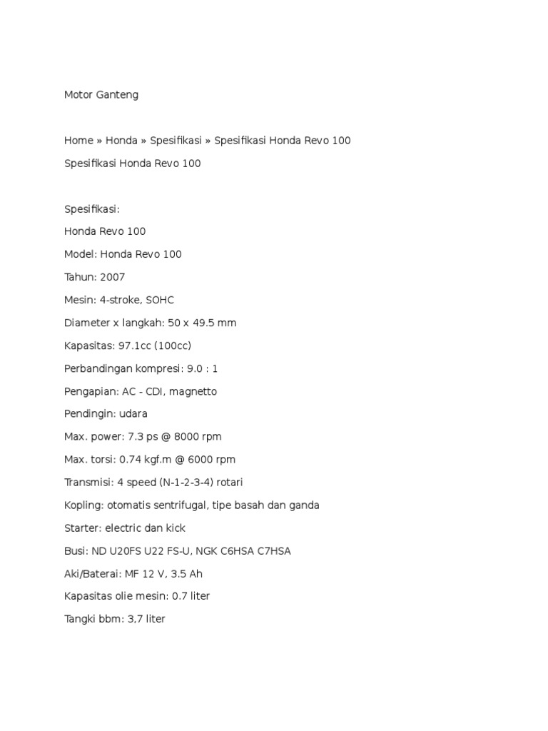 Spesifikasi Honda Revo 100cc 2007 | PDF