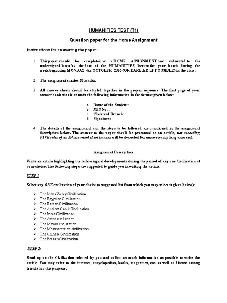 Humanities Test (T1) Question Paper For The Home Assignment ...