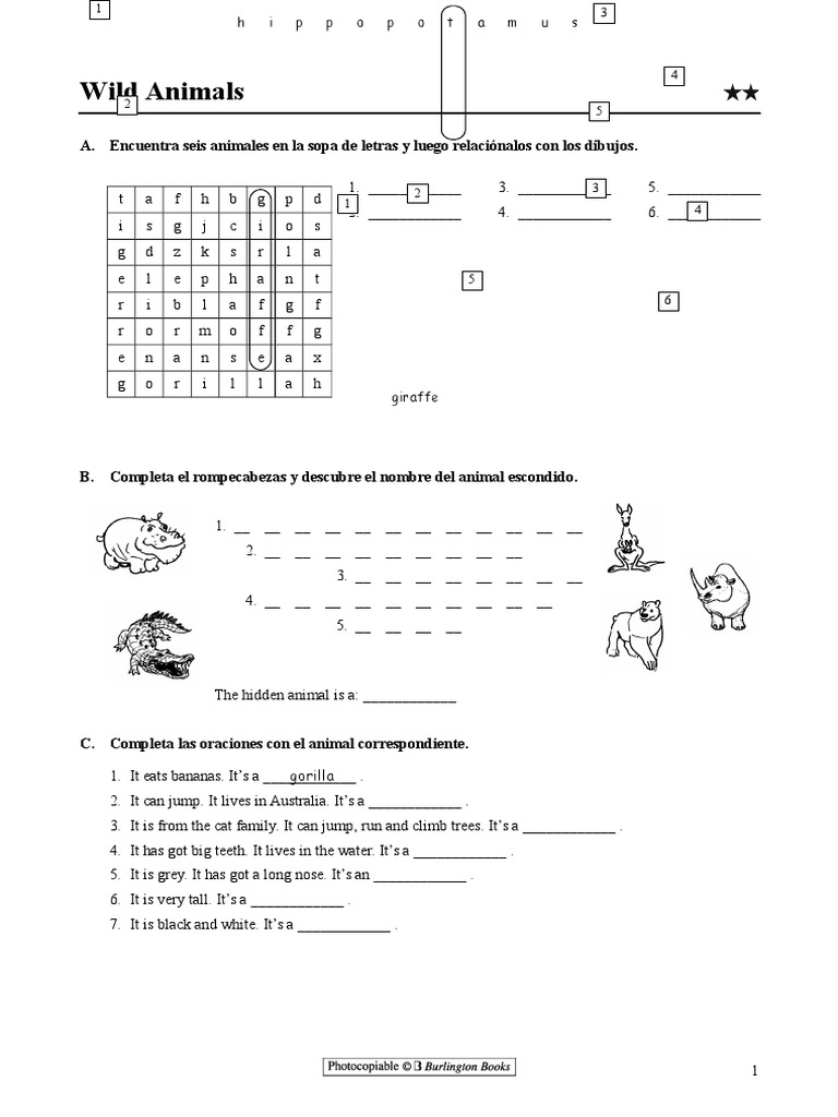 Wild Animals: A. Encuentra Seis Animales en La Sopa de Letras y Luego ...