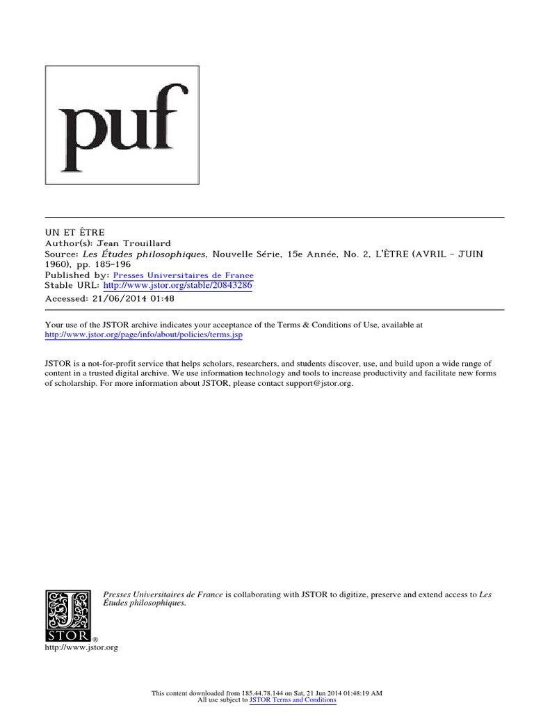 Trouillard J. - UN ET ÊTRE | PDF | Platon | Néoplatonisme