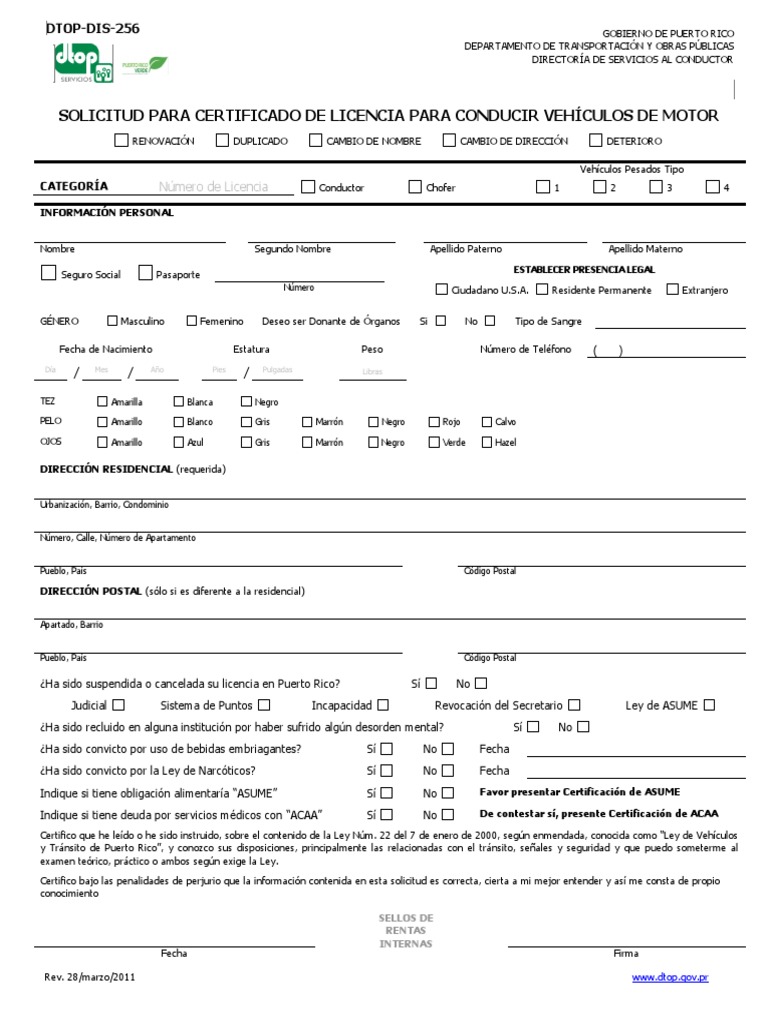 DTOP-DIS-256 Solicitud para Certificado de Licencia para Conducir.pdf ...