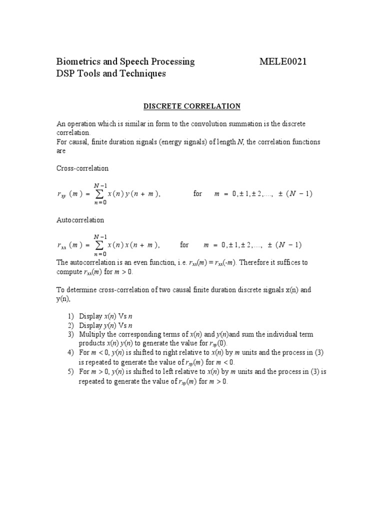 Biometrics and Speech Processing MELE0021 DSP Tools and Techniques ...