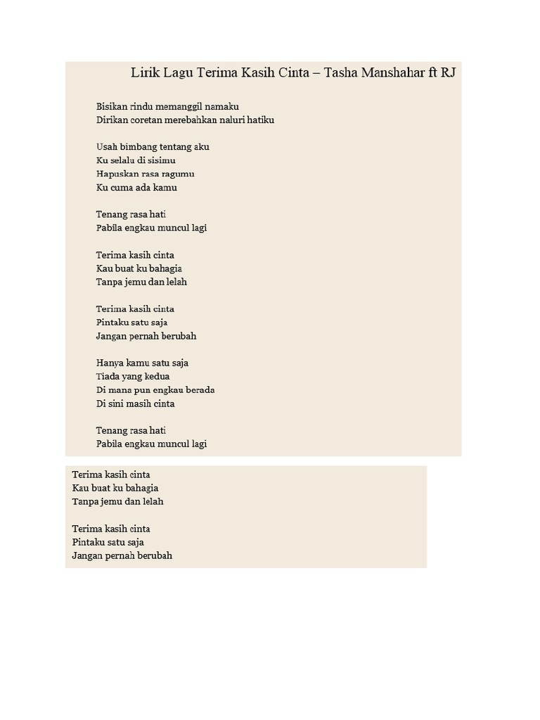 Lirik Lagu Terima Kasih Cinta | PDF