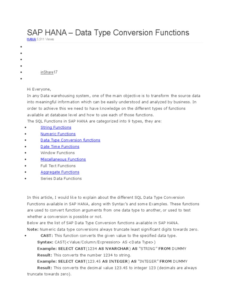 SAP HANA - Data Type Conversion Functions | PDF | Data Type | String (Computer Science)