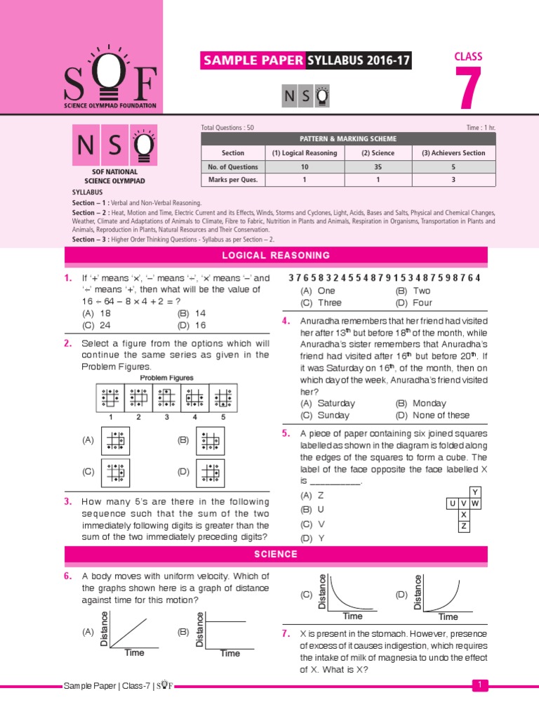 Class 7 SOF National Science Olympiad Sample Paper Title | PDF | Water | Oxygen