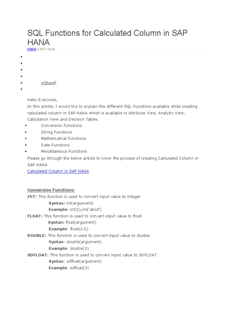 SQL Functions For Calculated Column in SAP HANA | PDF | String (Computer Science) | Parameter ...
