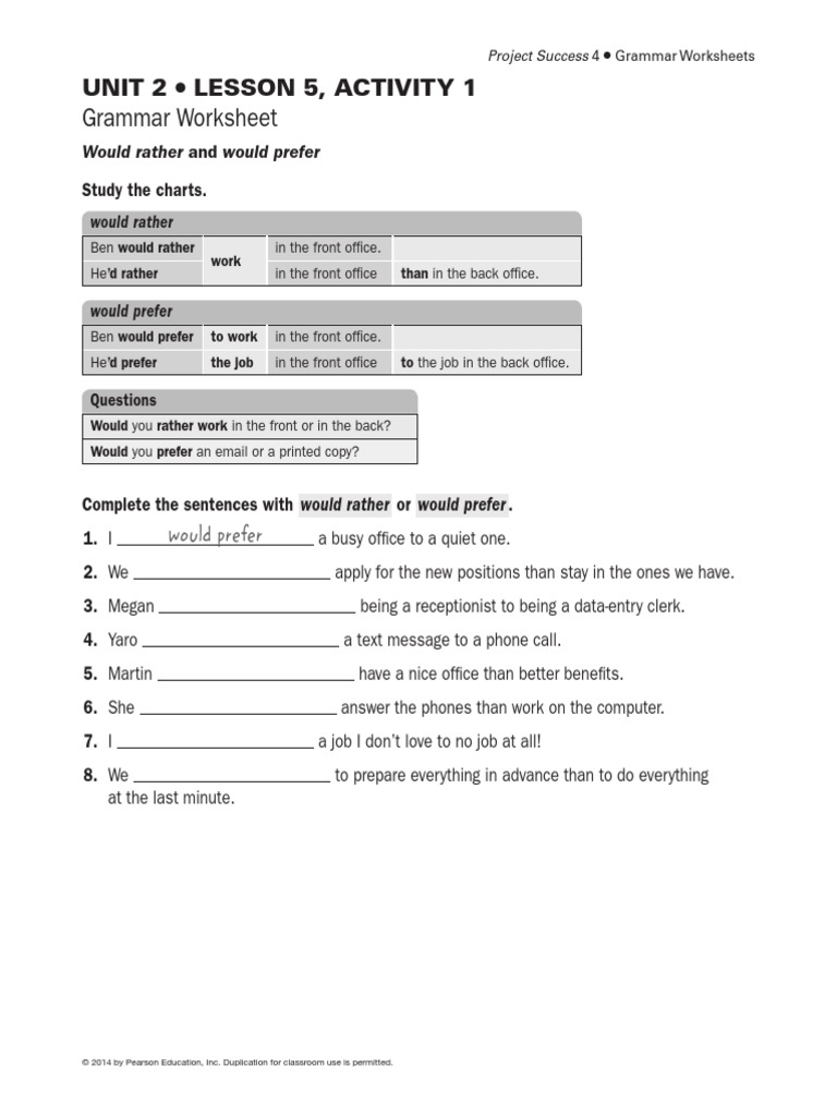 Unit 2 Lesson 05 Grammar Worksheet 1 | PDF