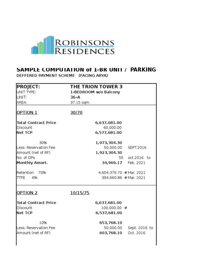 Sample Computation of 1-Br Unit / Parking Slot @tower 3: Project: The ...