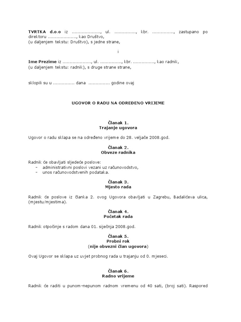 Ugovor o Radu Na Odredeno Vrijeme | PDF
