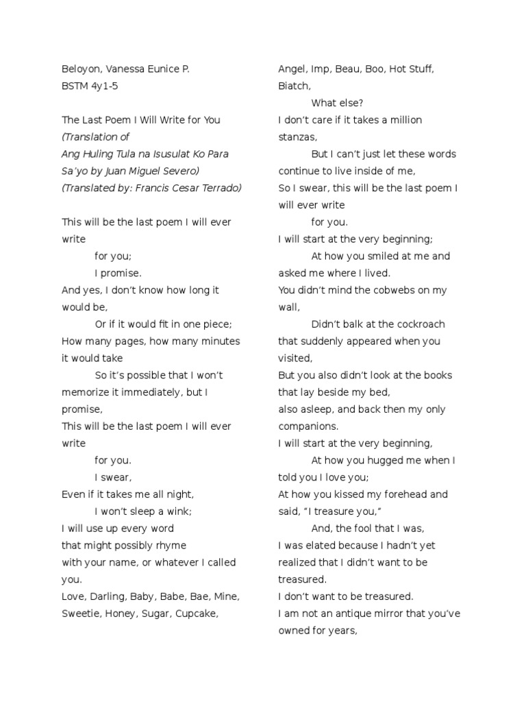 (Translation of Ang Huling Tula Na Isusulat Ko para Sa'yo by Juan ...