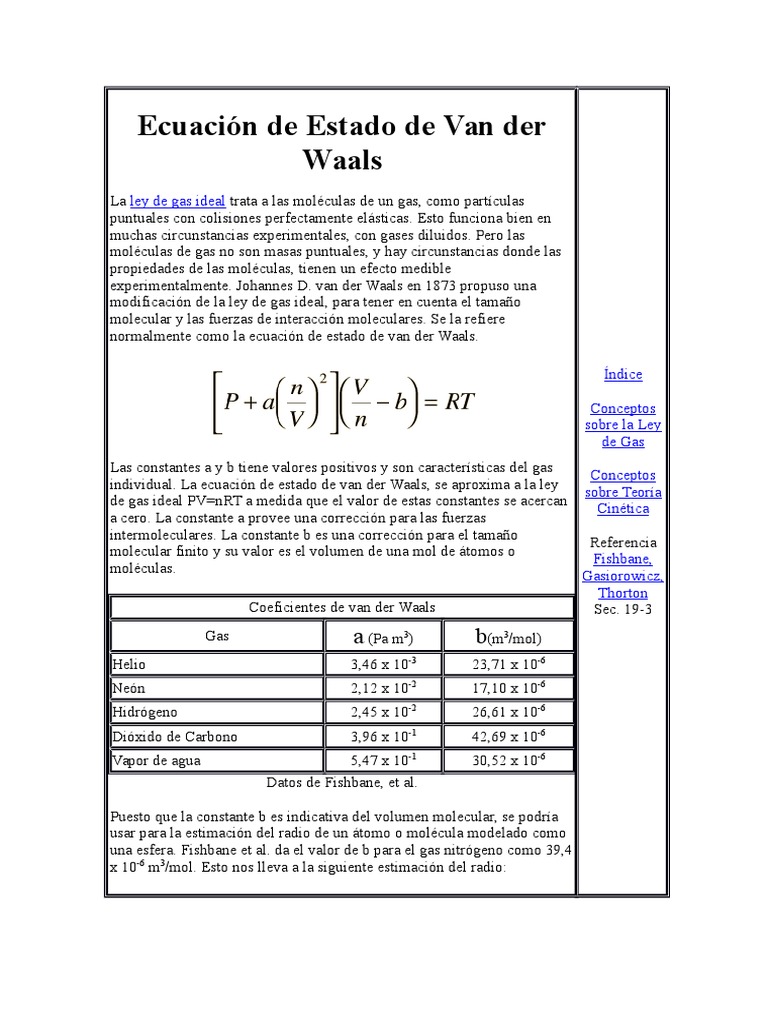 Ecuación de Estado de Van Der Waals | PDF | Gases | Mole (Unidad) Ecuación de Estado de Van Der Waals | PDF | Gases | Mole (Unidad)