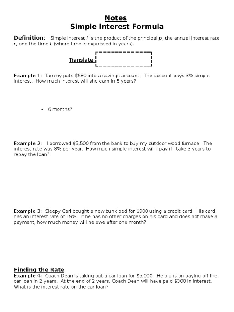 Notes Simple Interest Formula: Translate | PDF