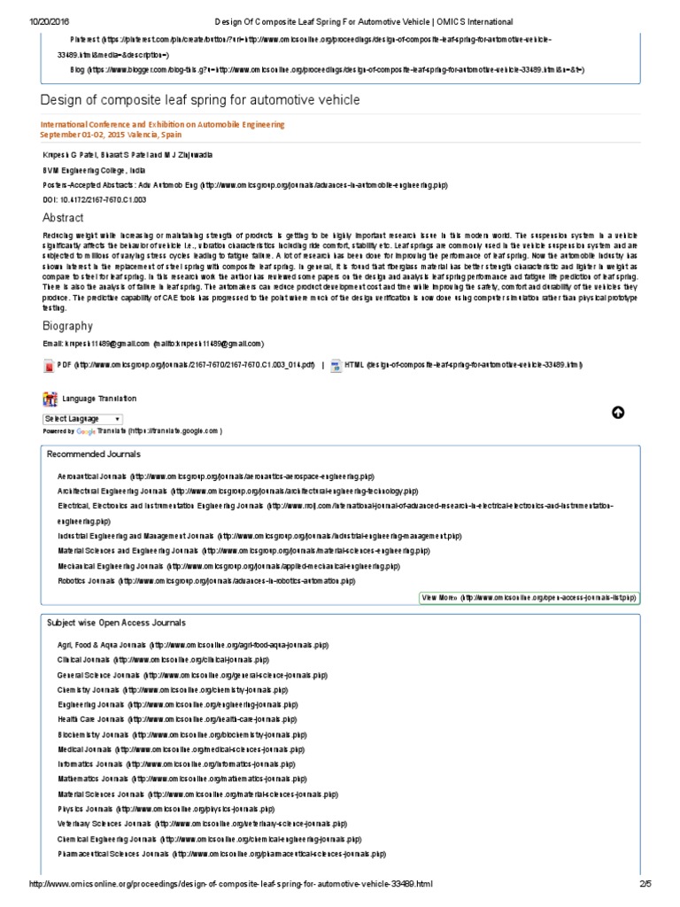 Design of Composite Leaf Spring For Automotive Vehicle - OMICS ...