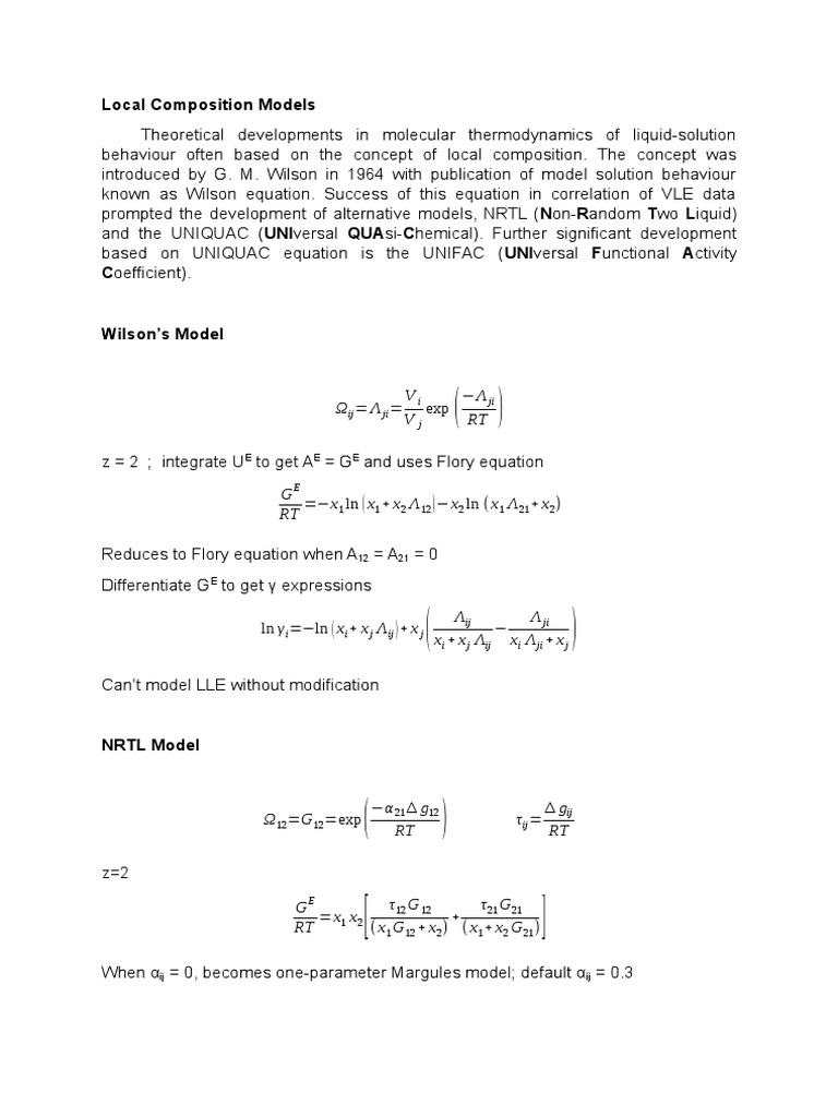 Local Composition Models in Thermodynamics | PDF | Teaching Methods ...