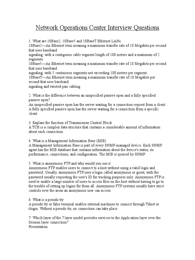 Network Operations Center Interview Questions | PDF | Internet Protocol ...