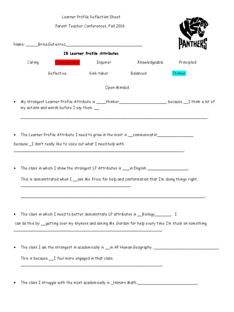 Learner Profile Reflection Sheet PT Conferences | PDF | Career & Growth ...