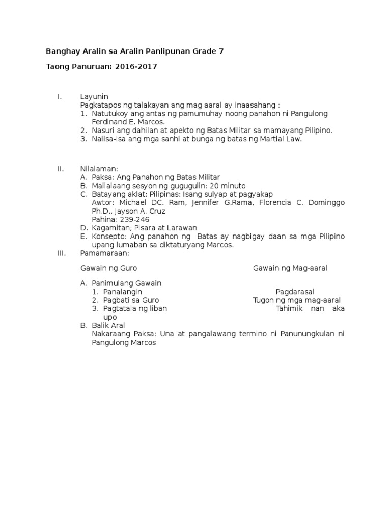 Banghay Aralin Sa Aralin Panlipunan Grade 7 | PDF