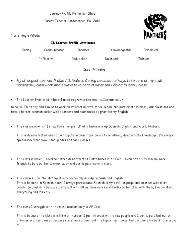 Learner Profile Reflection Sheet | PDF | Language Arts & Discipline ...