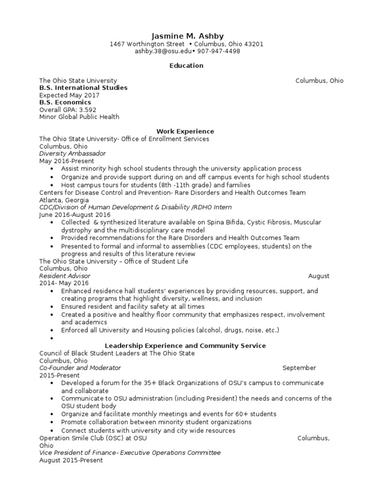 Jasmine Ashby Resume | PDF | Ohio State University | Centers For ...