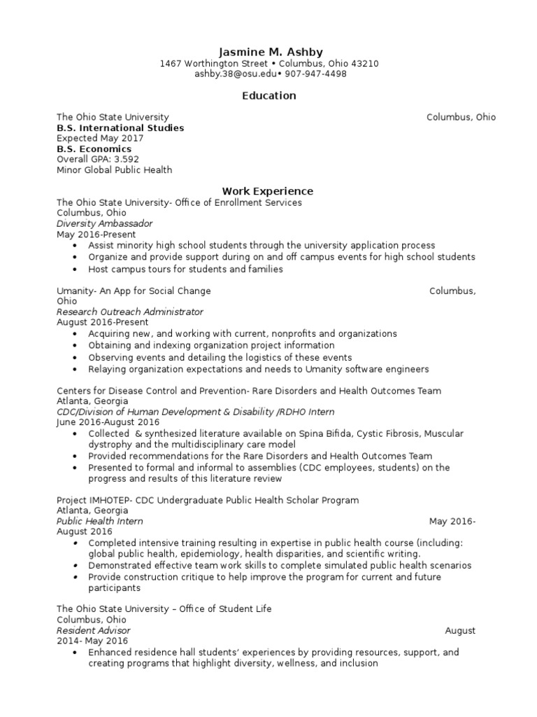 Jasmine Ashby CV | PDF | Ohio State University | Centers For Disease ...