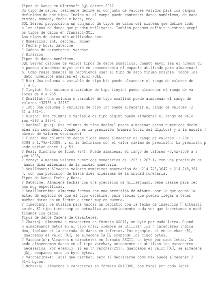 Tipos de Datos SQL Server | PDF | Tipo de datos | Byte