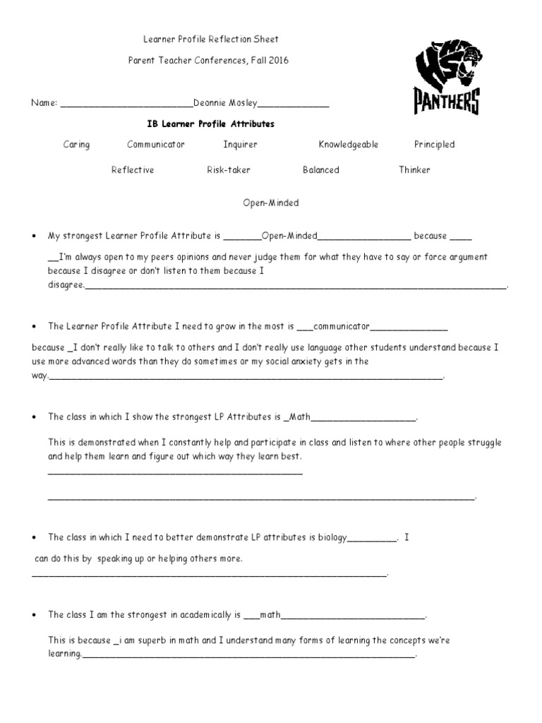 ib learner profile reflection