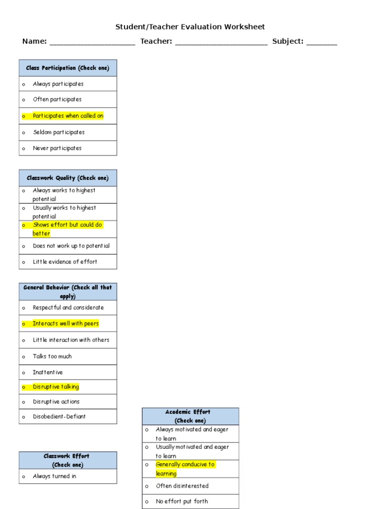 Student/Teacher Evaluation Worksheet Name: - Teacher: - Subject | PDF ...