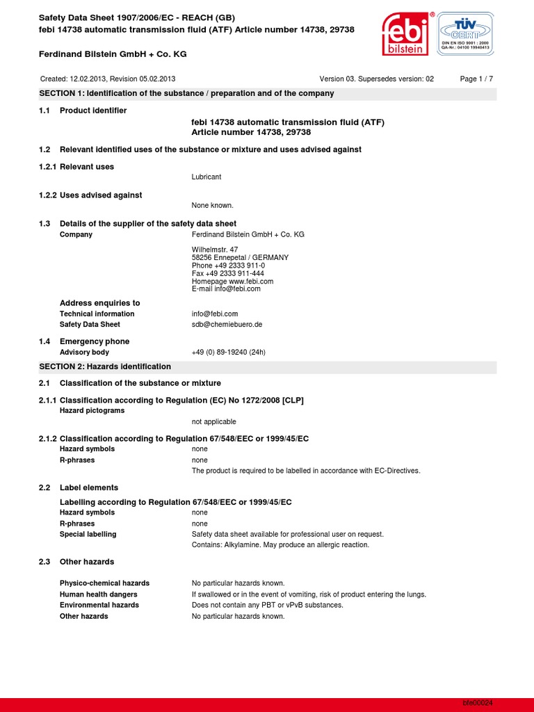 Safety Data Sheet 1907/2006/EC - REACH (GB) Febi 14738 Automatic ...