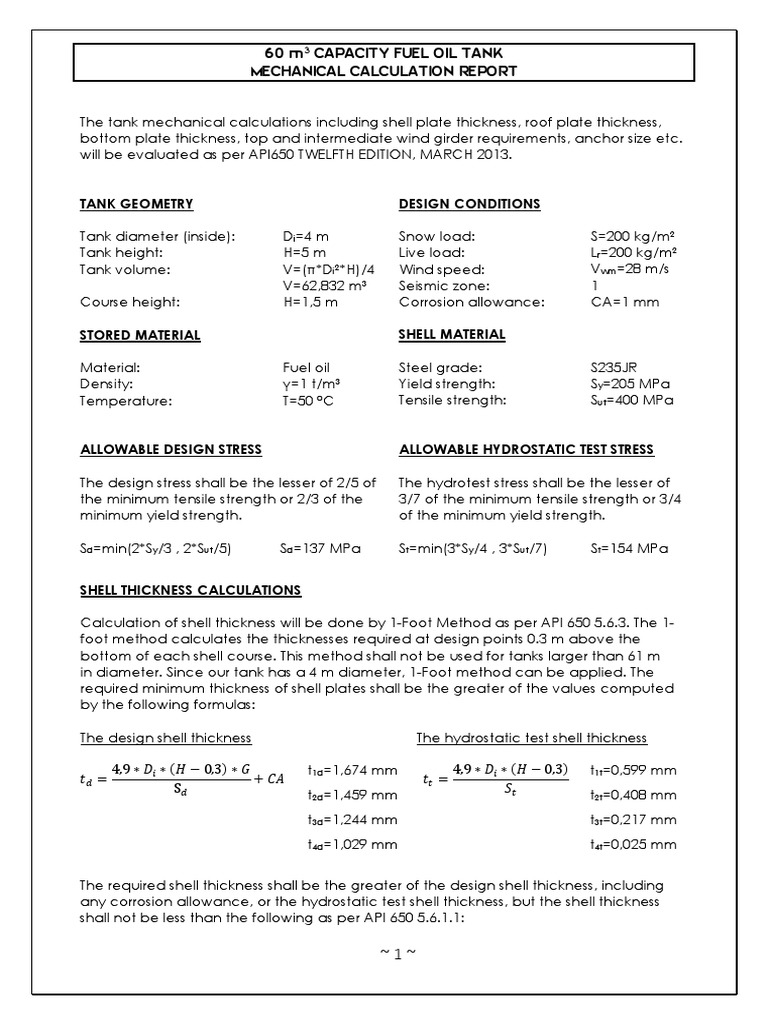 60m3 Fuel Oil Tank Calculation Report | PDF
