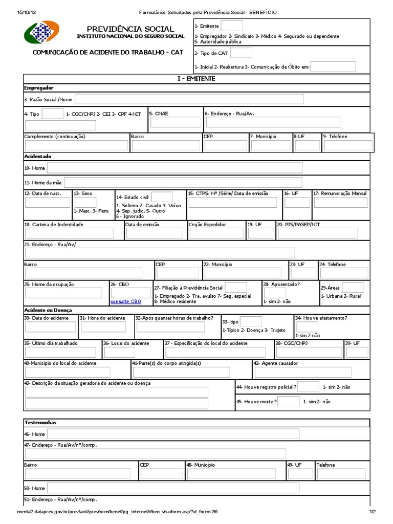 Comunicação de Acidente do Trabalho: formulário para registro de dados ...