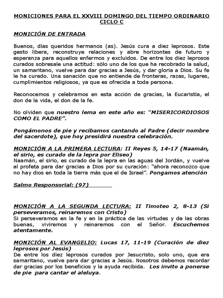 Moniciones para El Xxviii Domingo Del Tiempo Ordinario Ciclo C | PDF ...