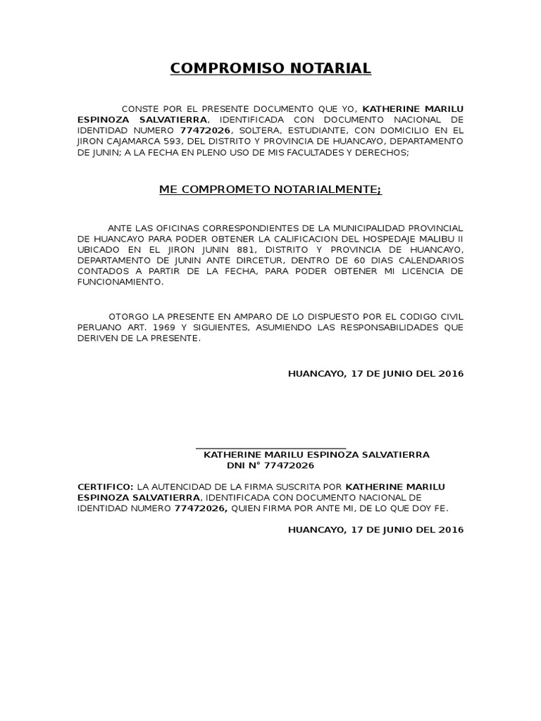 Compromiso Notarial de Katherine Espinoza | PDF