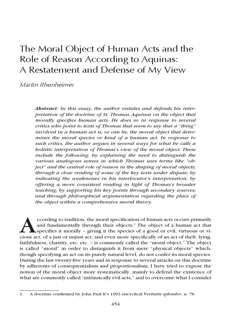 Rhonheimer Moral Objects | PDF | Good And Evil | Reason