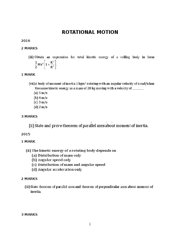 Rotational Motion: 2016 2 Marks | PDF