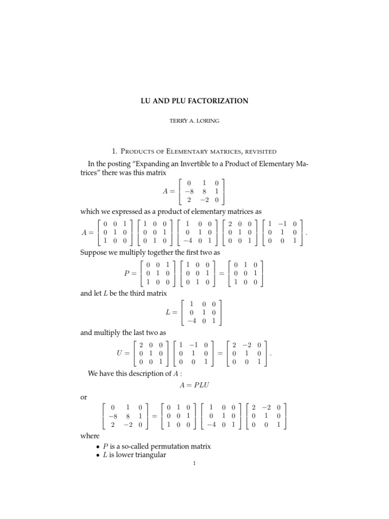 Lu and Plu Factorization: Terry A. Loring | PDF | Linear Algebra ...