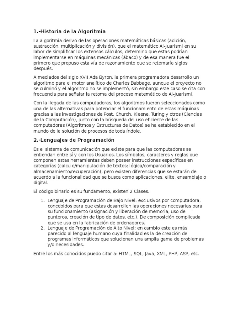 Análisis de la historia de la algoritmia y los lenguajes de programación | PDF | Algoritmos ...