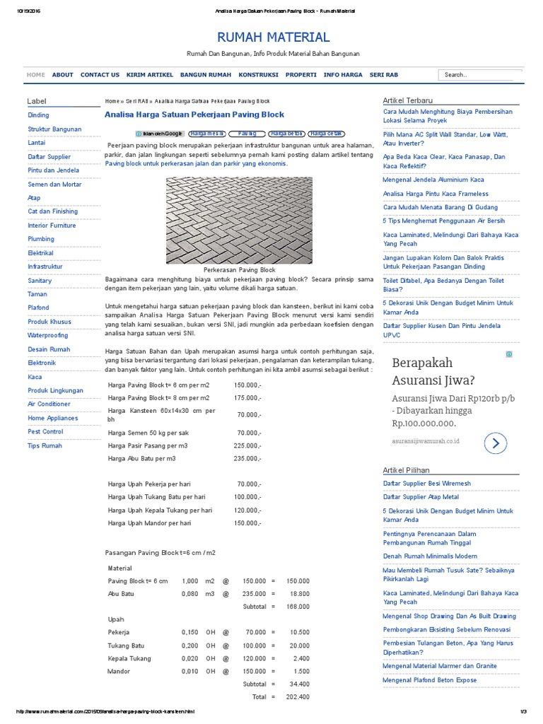 Analisa Harga Satuan Pekerjaan Paving Block - Rumah Material | PDF