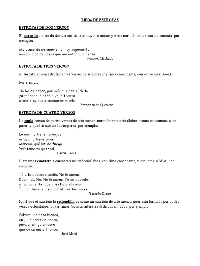 Tipos de Estrofas | PDF | Metro (poesía) | Rima
