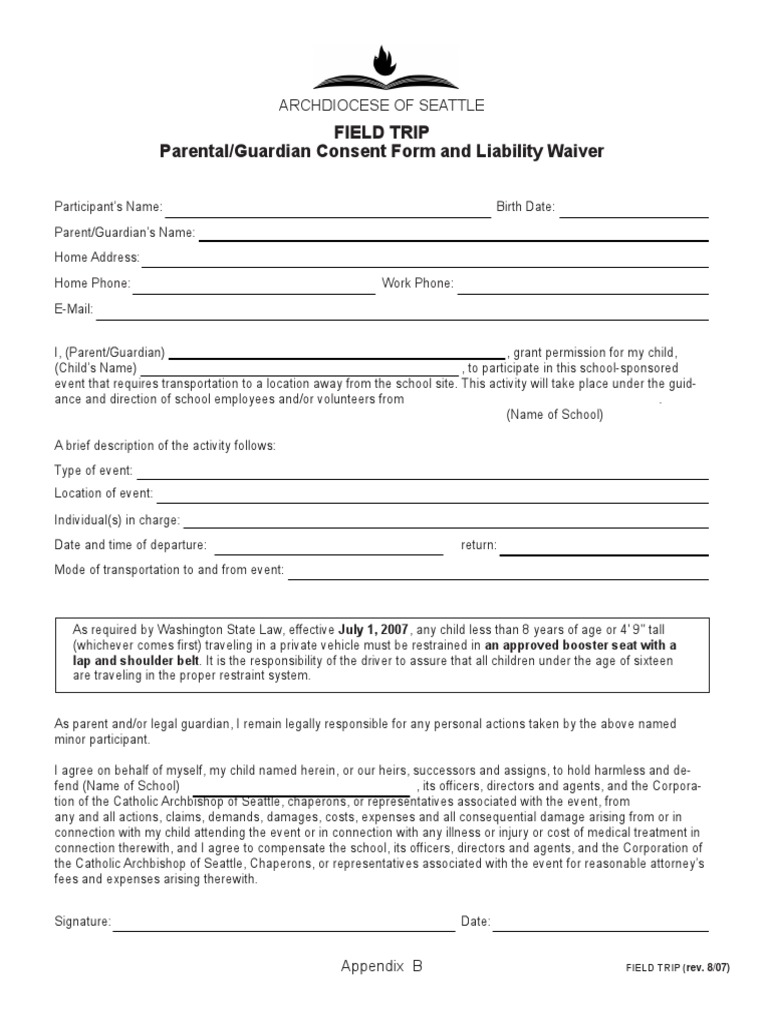 Field Trip Parental/Guardian Consent Form and Liability Waiver | PDF | Legal Guardian | Health ...